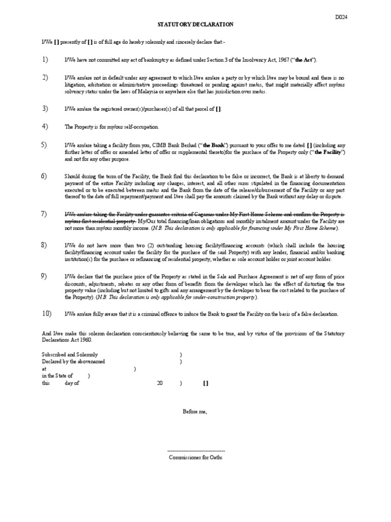 Statutory Declaration - CIMB Bank Conventional | PDF | Bankruptcy ...