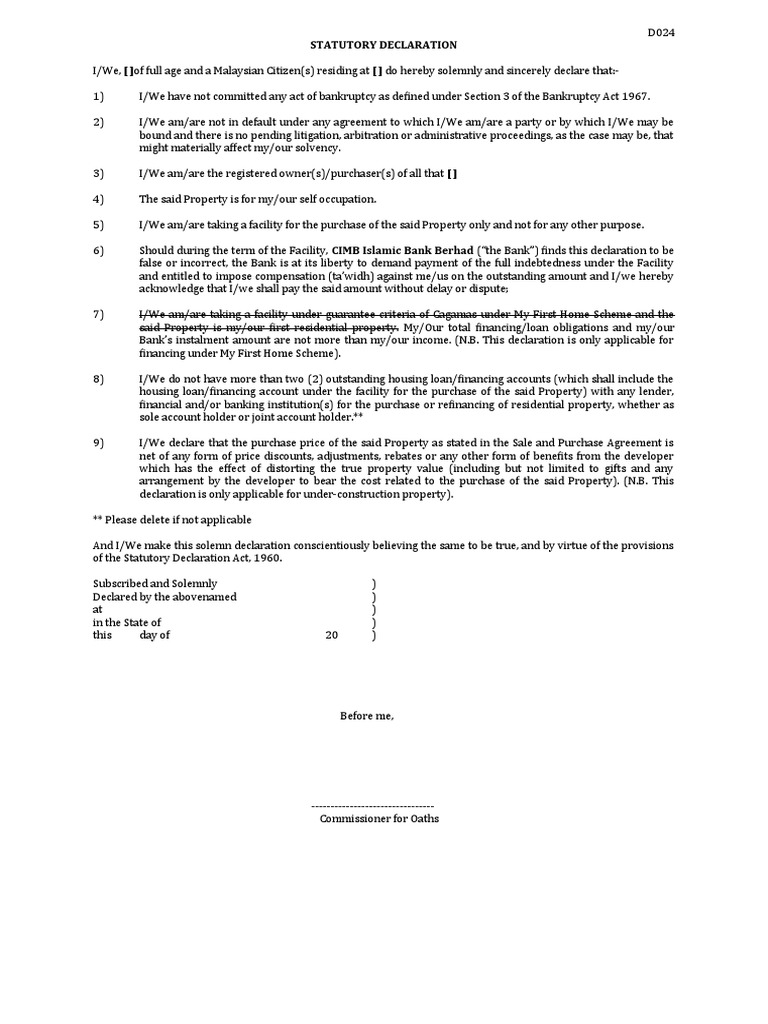Statutory Declaration - CIMB Islamic Template | PDF | Loans | Bankruptcy