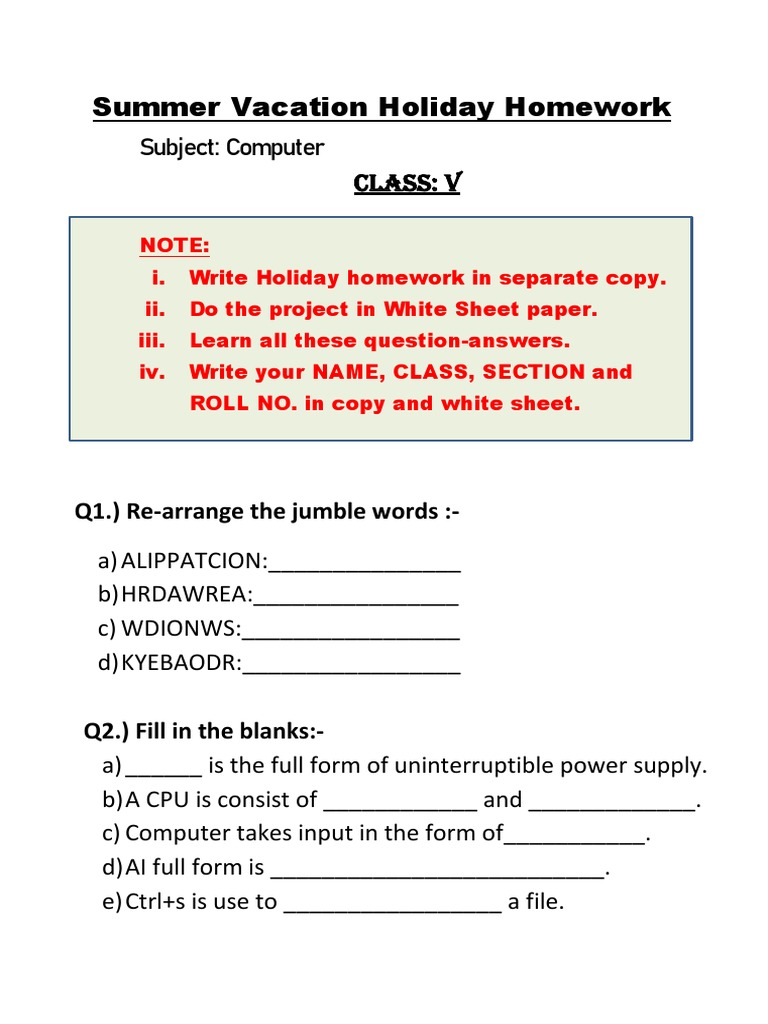 Holiday Homework Class5 PDF | PDF | Computers