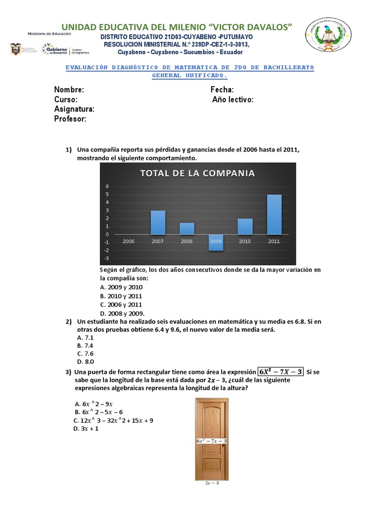 Pruebas Diagnostica D Ematematica de 2do Bgu | PDF