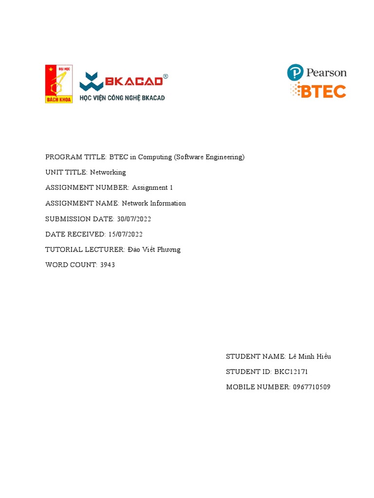 Le Minh Hieu BKC12171 Assignment 1 Lan 1 Networking | PDF | Computer Network | Network Topology