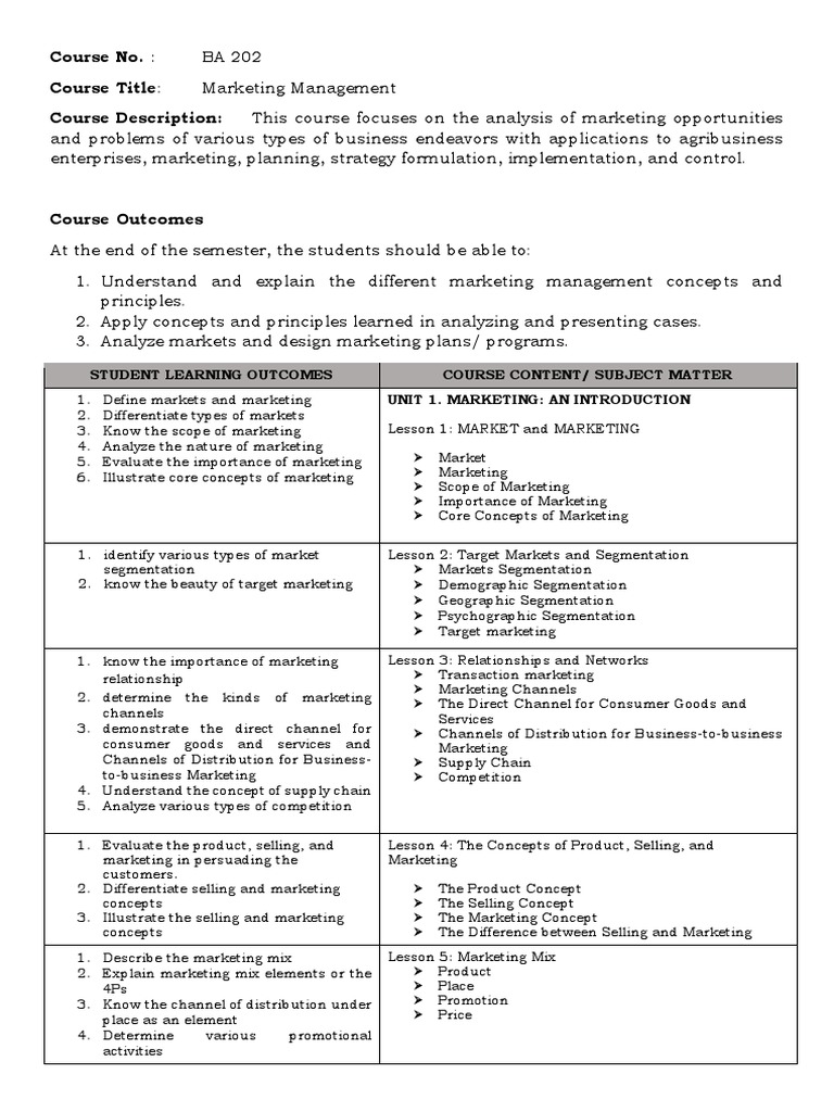 Ba 202 Course Outline | PDF | Marketing | Market Segmentation