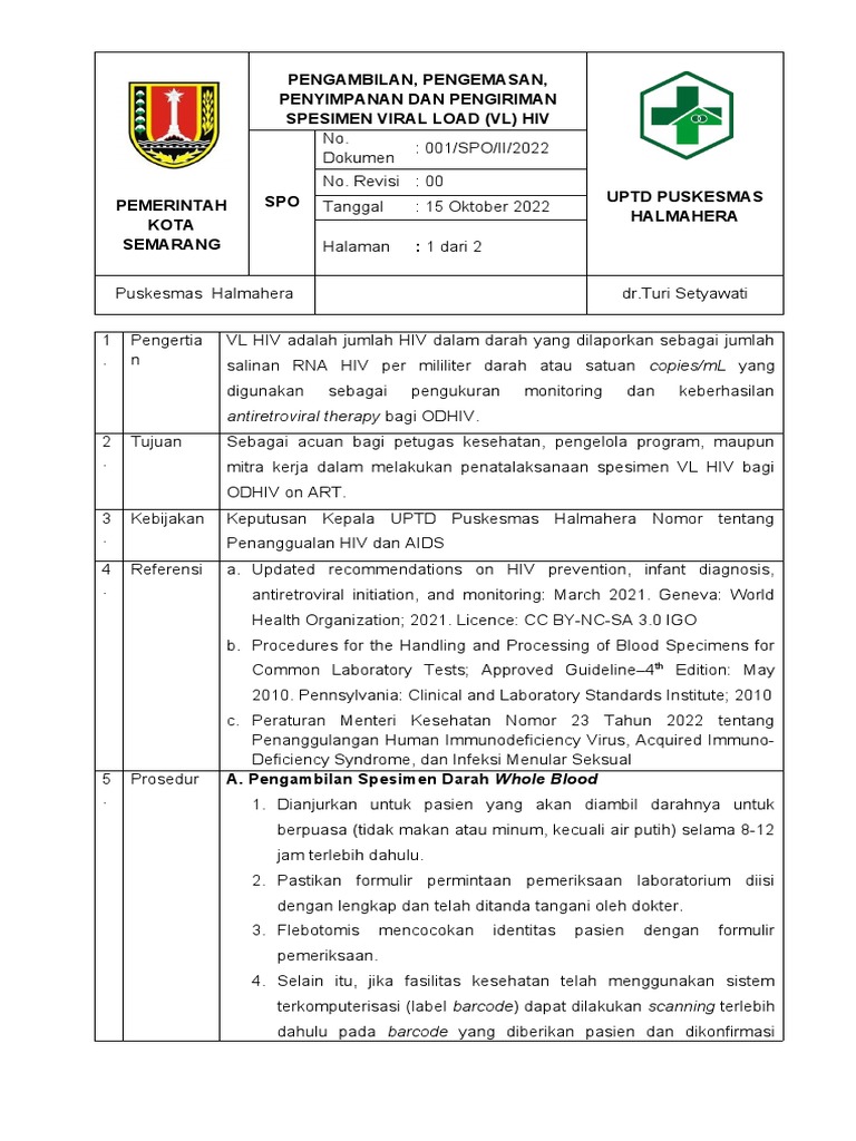 SPO Pengambilan, Pengemasan, Penyimpanan Dan Pengiriman Spesimen Viral Load (VL) HIV | PDF