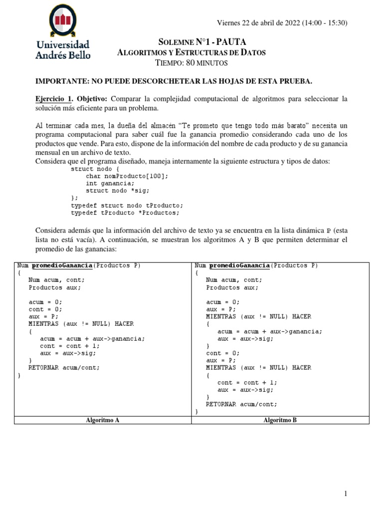 Solemne N°1, Sección 1 - PAUTA | PDF | Puntero (Programación de computadora) | Algoritmos