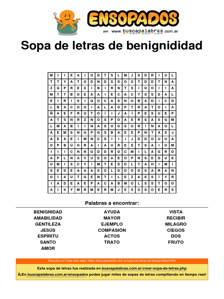Sopa de letras que representa valores positivos como la benignidad, la ...