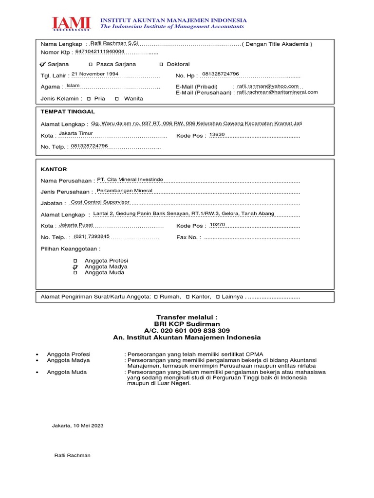 Form Member IAMI Tahun 2023 | PDF