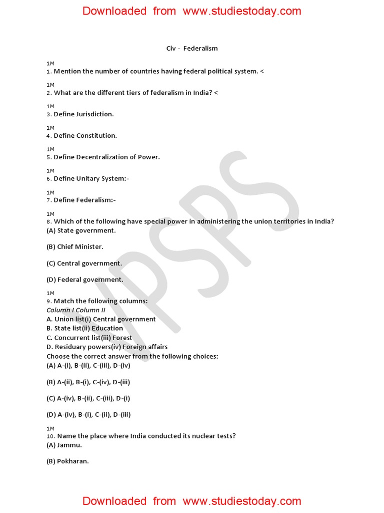 CBSE Class 10 Civics Federalism | PDF | Federalism | Government