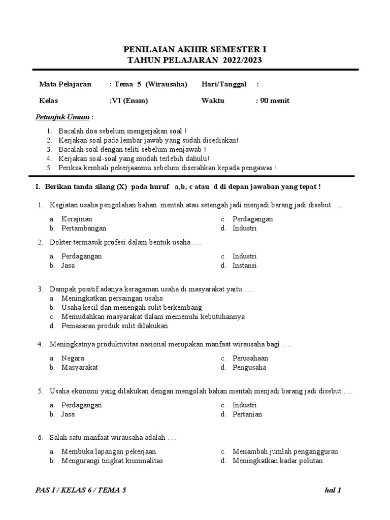 Soal Pas Tema 5 Kelas 6 | PDF