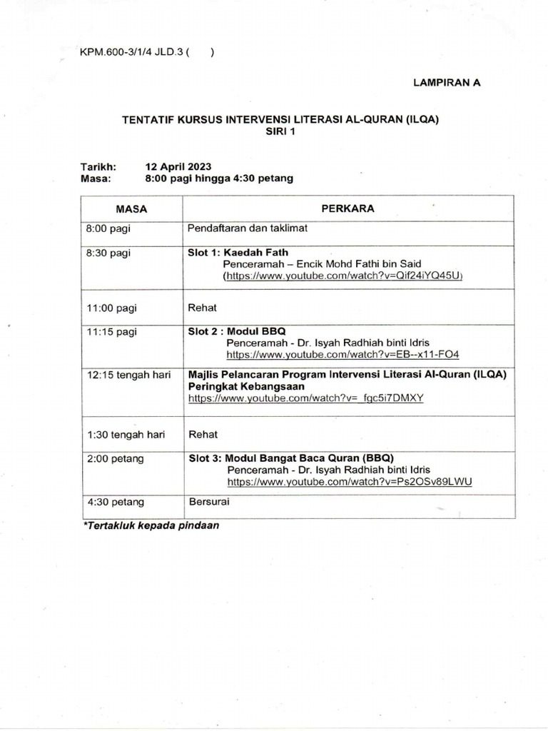 Tentatif Kursus Intervensi | PDF