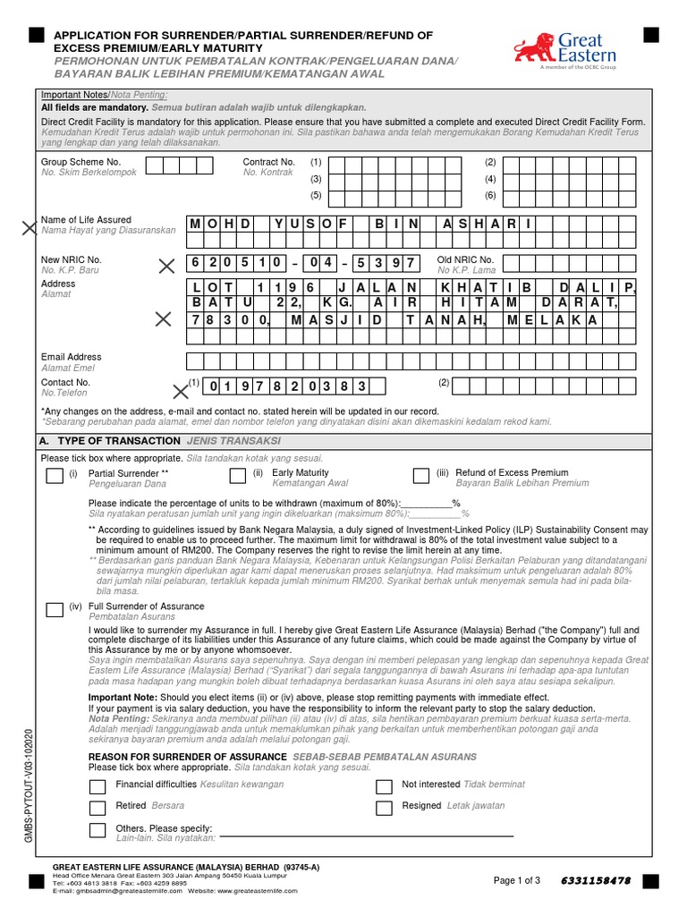 Application For Surrender &partial Surrender &refund of Excess Premiumearly Maturity PDF | PDF