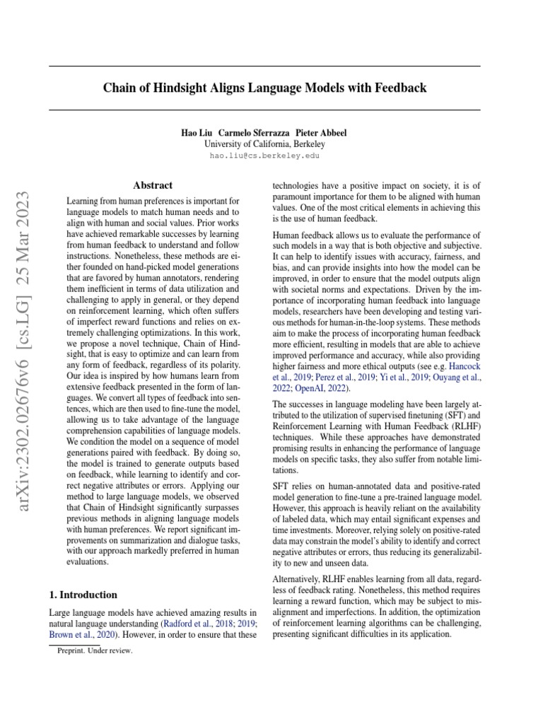 Chain of Hindsight Aligns Language Models With Feedback PDF | PDF | Feedback | Artificial Neural ...