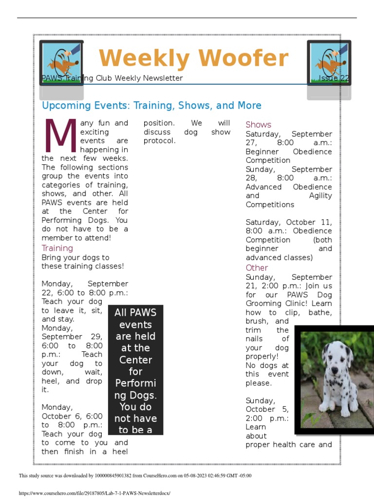 Lab 7 1 PAWS Newsletter PDF | PDF | Dogs As Pets | Animal Training