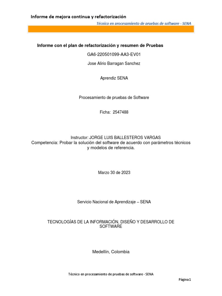GA6 - 220501099 - AA3 - EV01 - Informe Con El Plan de Refactorización y Resumen de Pruebas | PDF ...