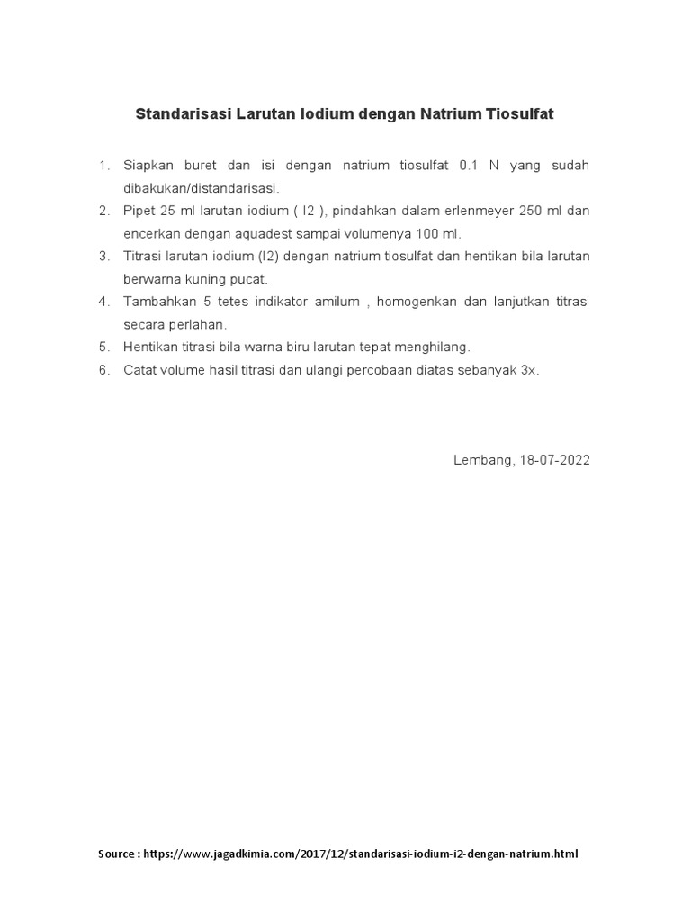 Standarisasi Larutan Iodium Dengan Natrium Tiosulfat | PDF