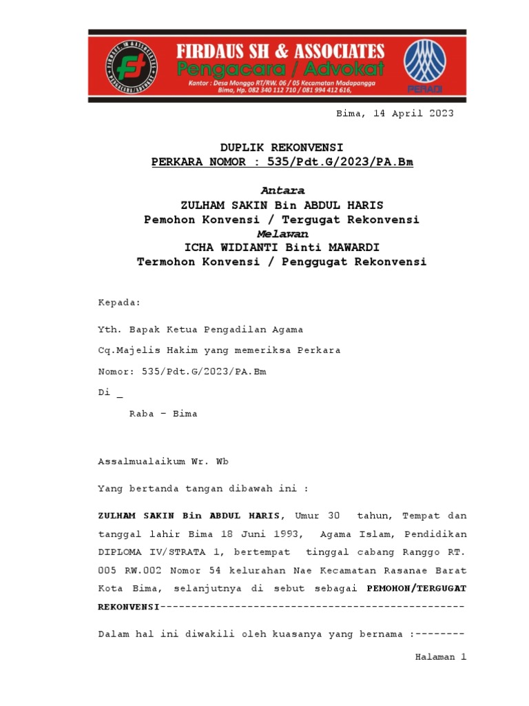 Duplik Rekonvensi Cerai Talak Jul | PDF