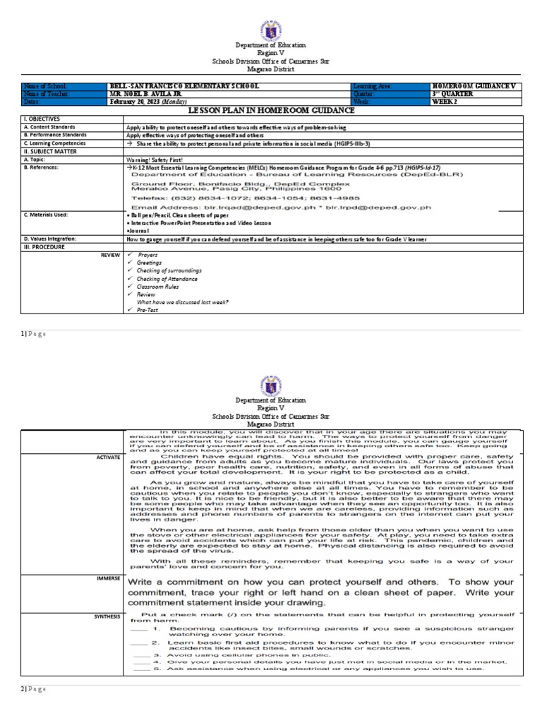 Lesson Plan in Homeroom Guidance | PDF