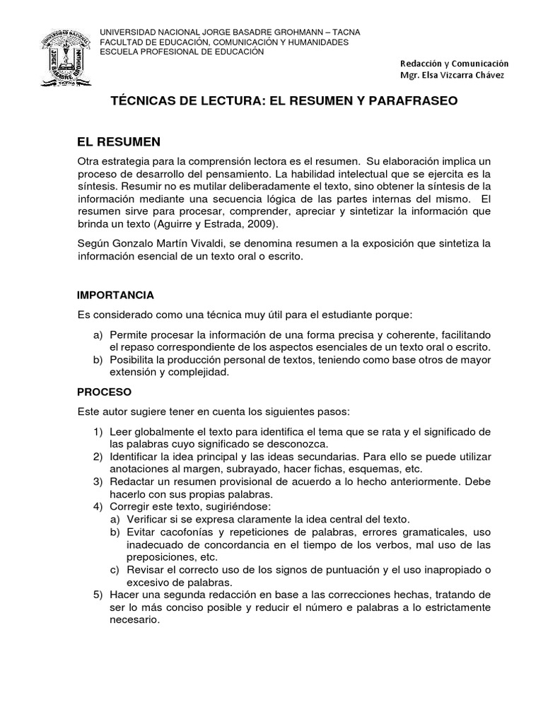 Material 9 El Resumen y Parafraseo PDF | PDF | Comprensión lectora ...