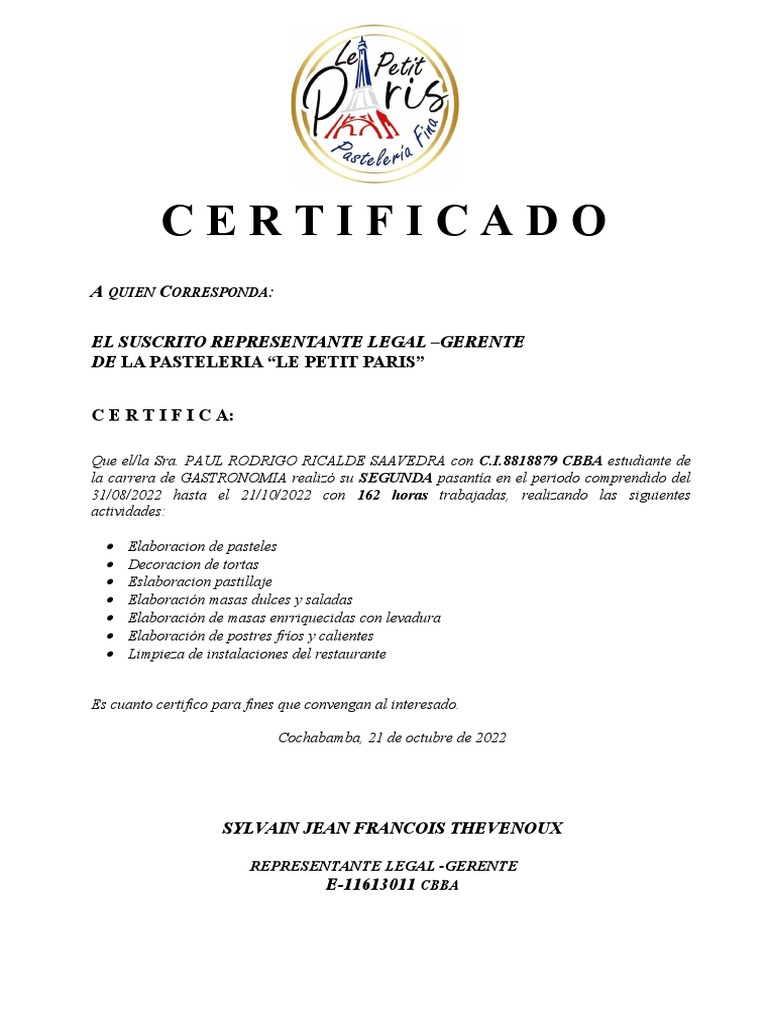 Certificado de Pasantia Paul | PDF | Cocina, comidas y vino