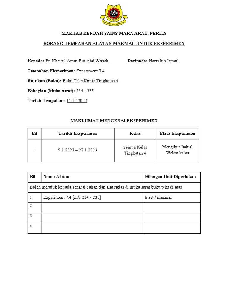 Borang Tempahan Makmal - Exp 7.4 Effect of Catalyst On RoR | PDF