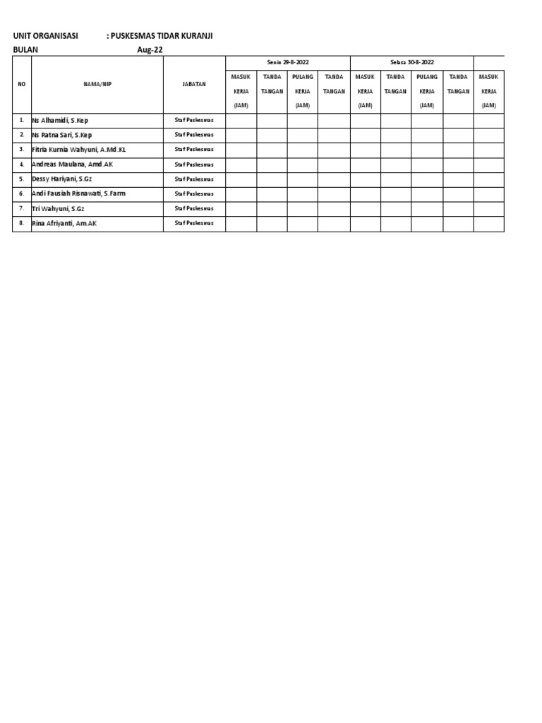Absen Manual PKM TK 2022 Priintt | PDF
