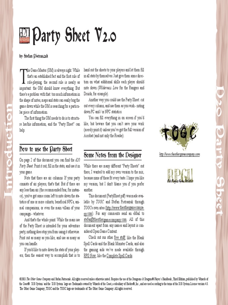 Party Sheet PDF | PDF | Copyright | License