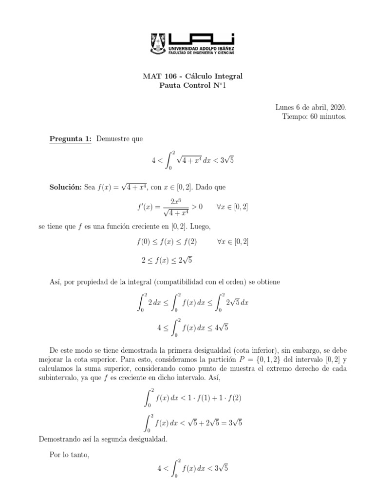 Control 1 Calculo Integral Pauta | PDF | Integral | Lógica matemática