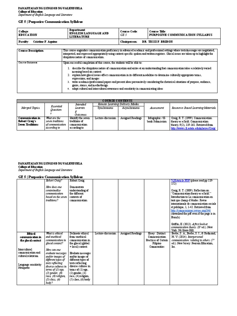 Purposive Communication Syllabus | PDF