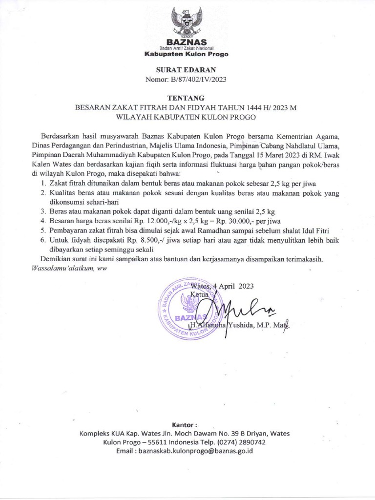 Surat Edaran Besaran Zakat Fitrah 1444 H 2023 M PDF | PDF