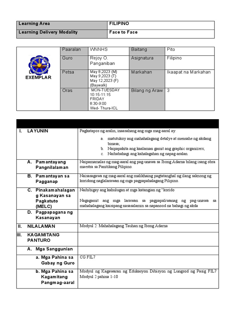 Lesson Plan Template-Filipino 7 2 | PDF