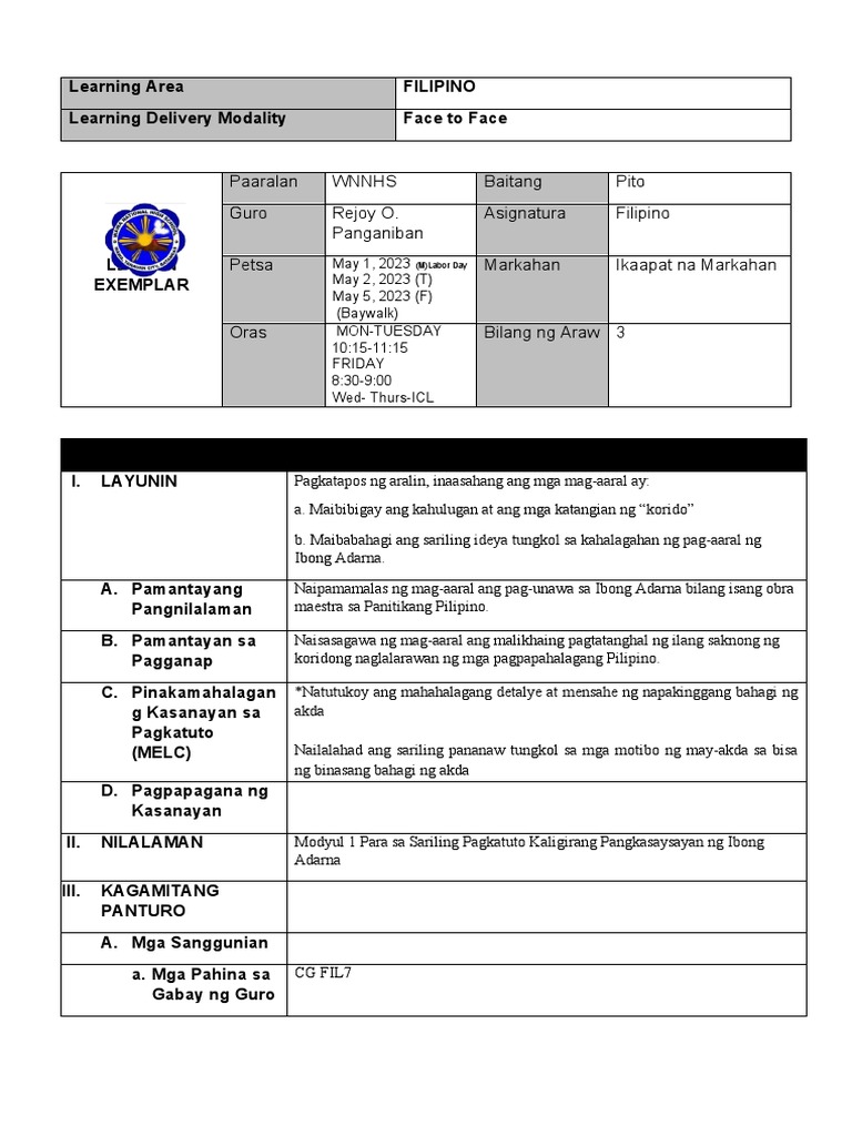 Lesson Plan Template-Filipino 7 1 | PDF