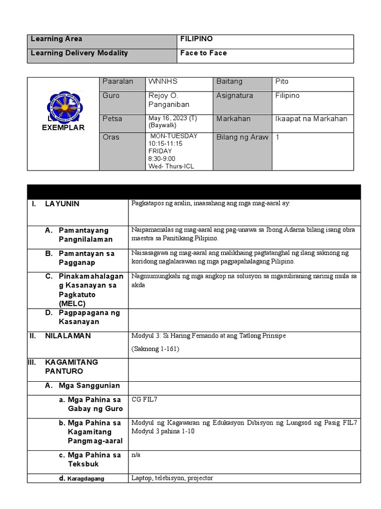 Lesson Plan Template-Filipino 7 3 | PDF