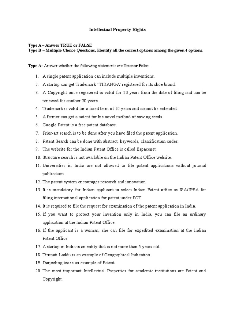 IPR Question Bank | Download Free PDF | Patent | Intellectual Property