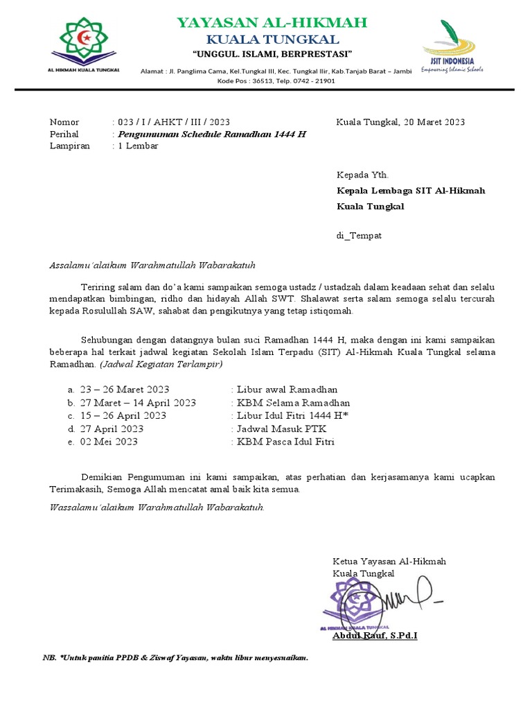 Surat Pengumuman Libur Ramadhan 1444 H | PDF