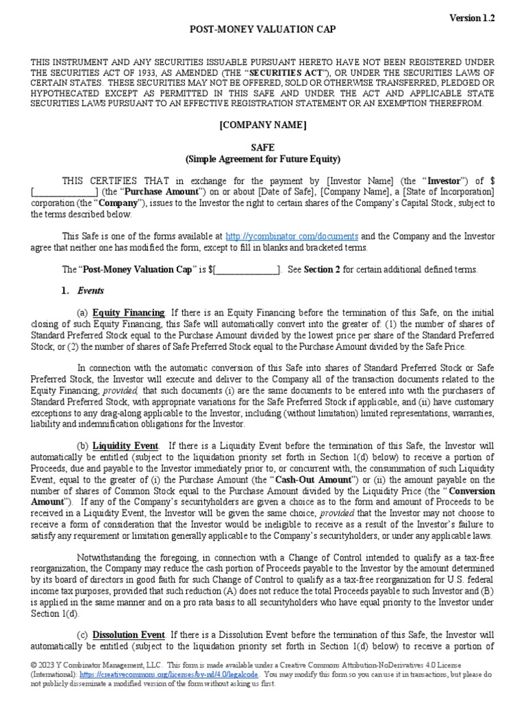 Postmoney Safe - Valuation Cap | PDF | Stocks | Securities (Finance)