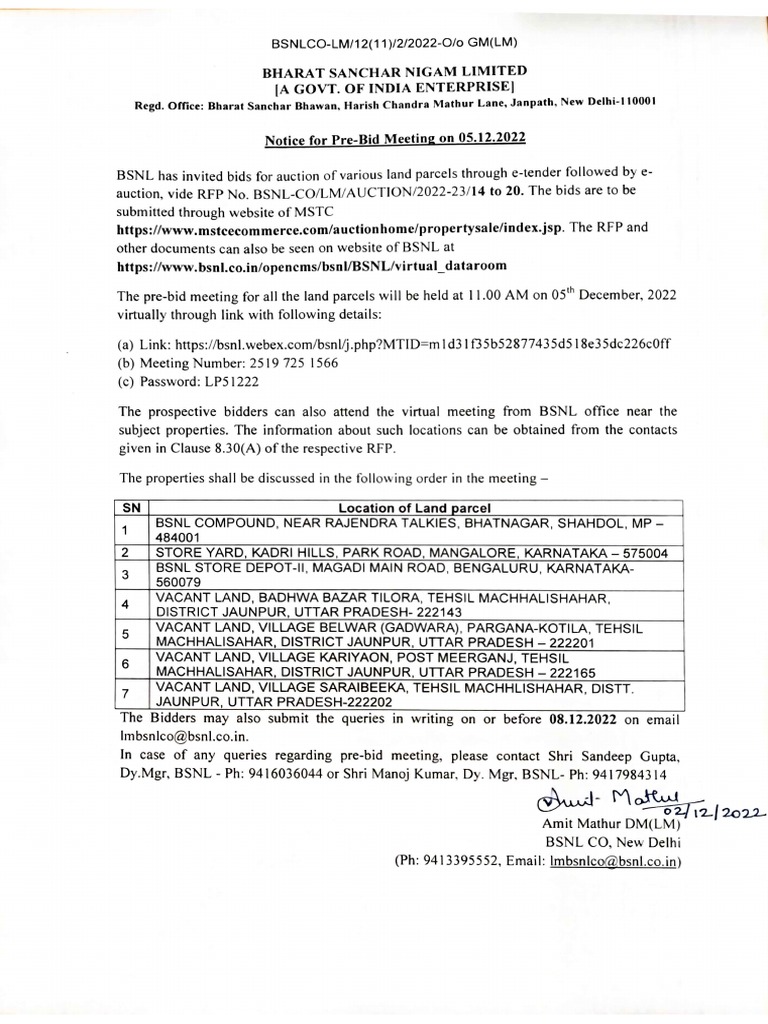 7648 - Pre-Bid Meeting Notice For BSNL Properties | PDF