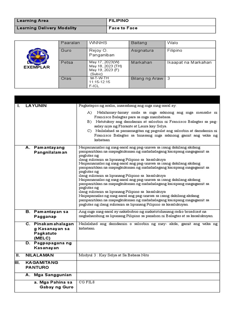 Lesson Plan Template-Filipino 8 3 | PDF