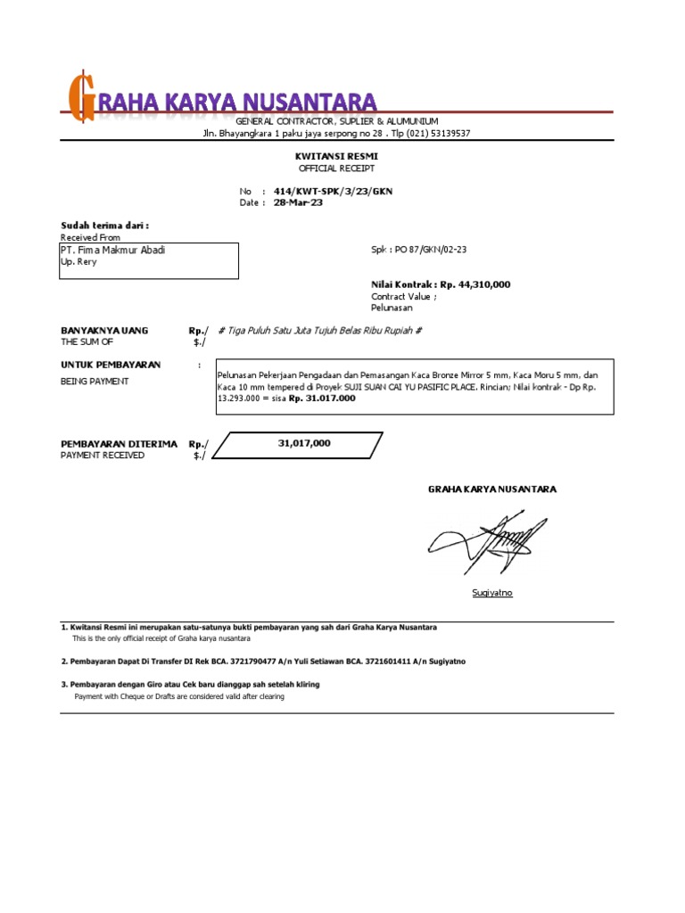 Kwitansi Pelunasan - PT Fima - Suji Suan Cai Yu Pasific Place PDF | PDF