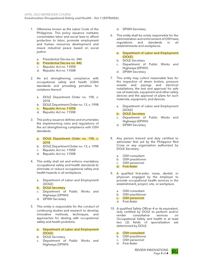 COSH Set 1 - Estrada Questions APR 2023 | PDF | Occupational Safety And Health | Safety
