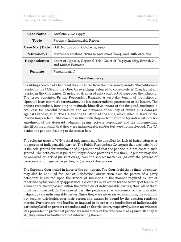 Indispensable Parties in Arcelona v. CA | PDF | Annulment | Lawsuit