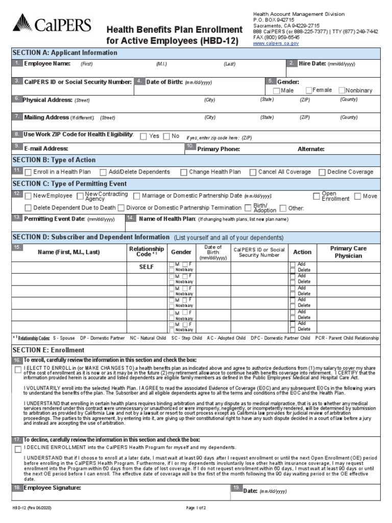 Health Benefits Enrollment Form | PDF | Cal Pers | Social Security ...
