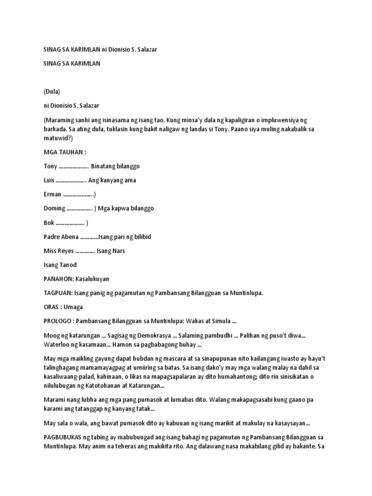 SINAG SA KARIMLAN Ni Dionisio S | PDF
