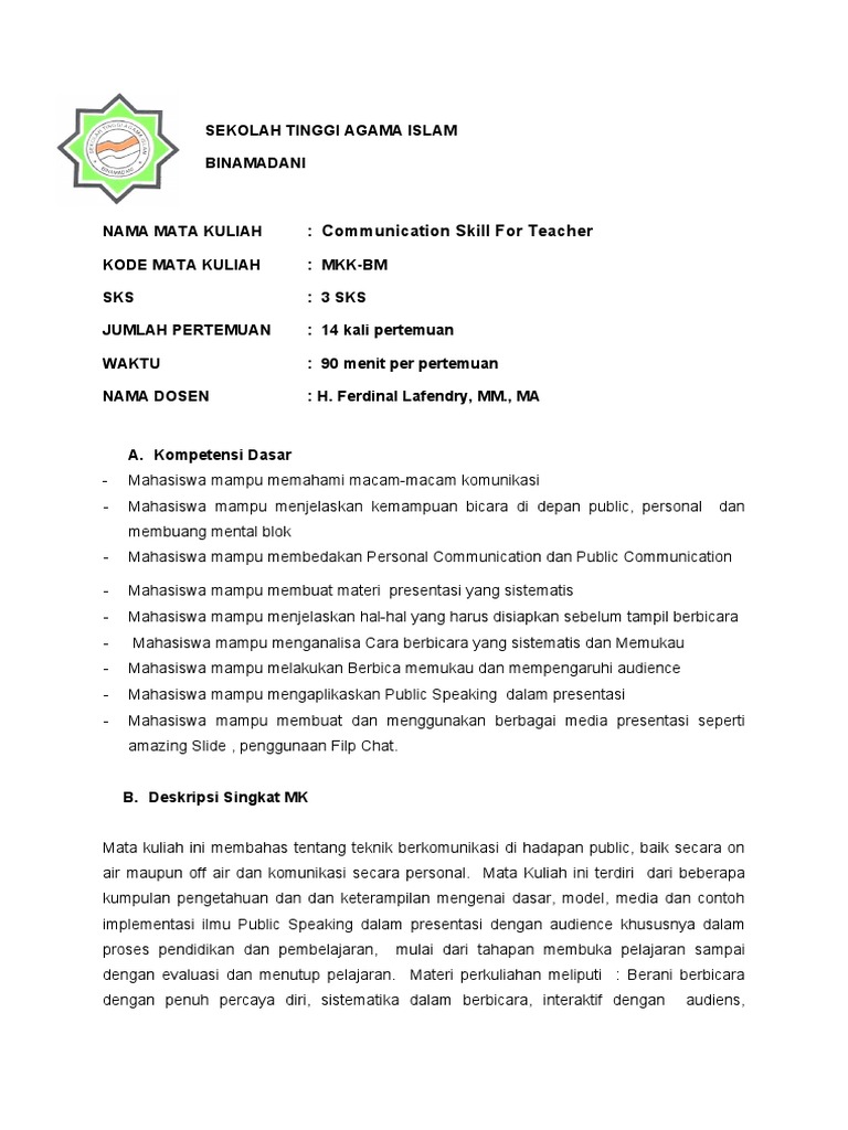 A Silabus Communication Skill For Teacher | PDF