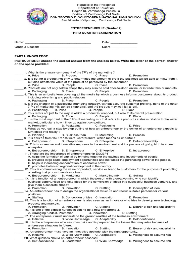 Entrep 3rd Grading Exam PDF | PDF | Entrepreneurship | Marketing