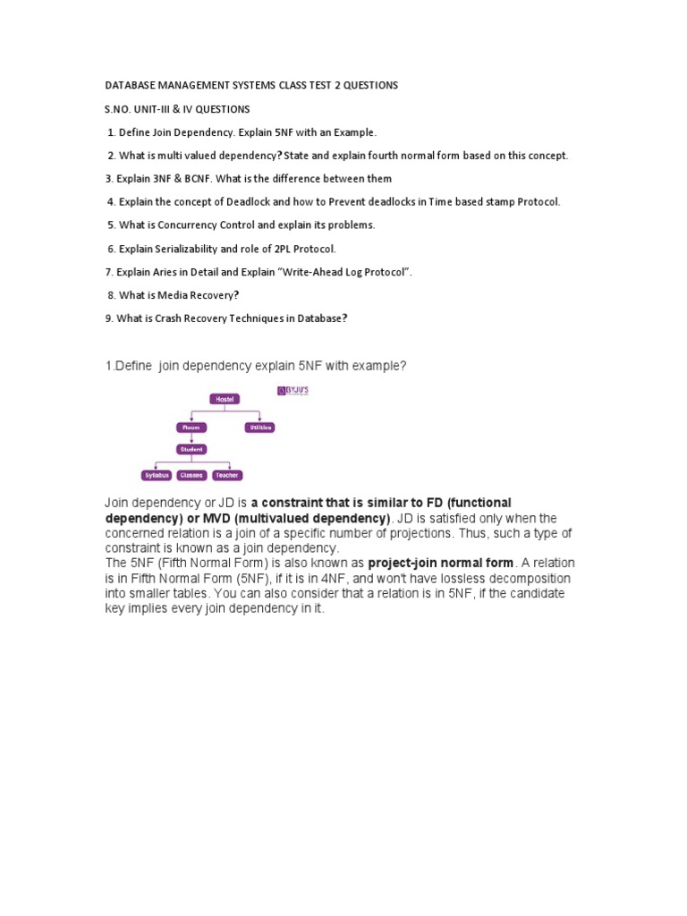 Database Management Systems Class Test 2 Questions On Join Dependency Normal Forms