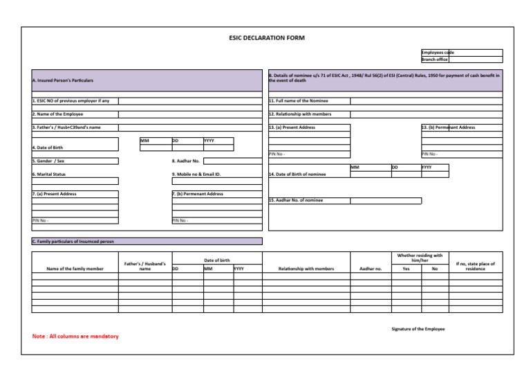 Esic Declaration Form 1 In Word Format