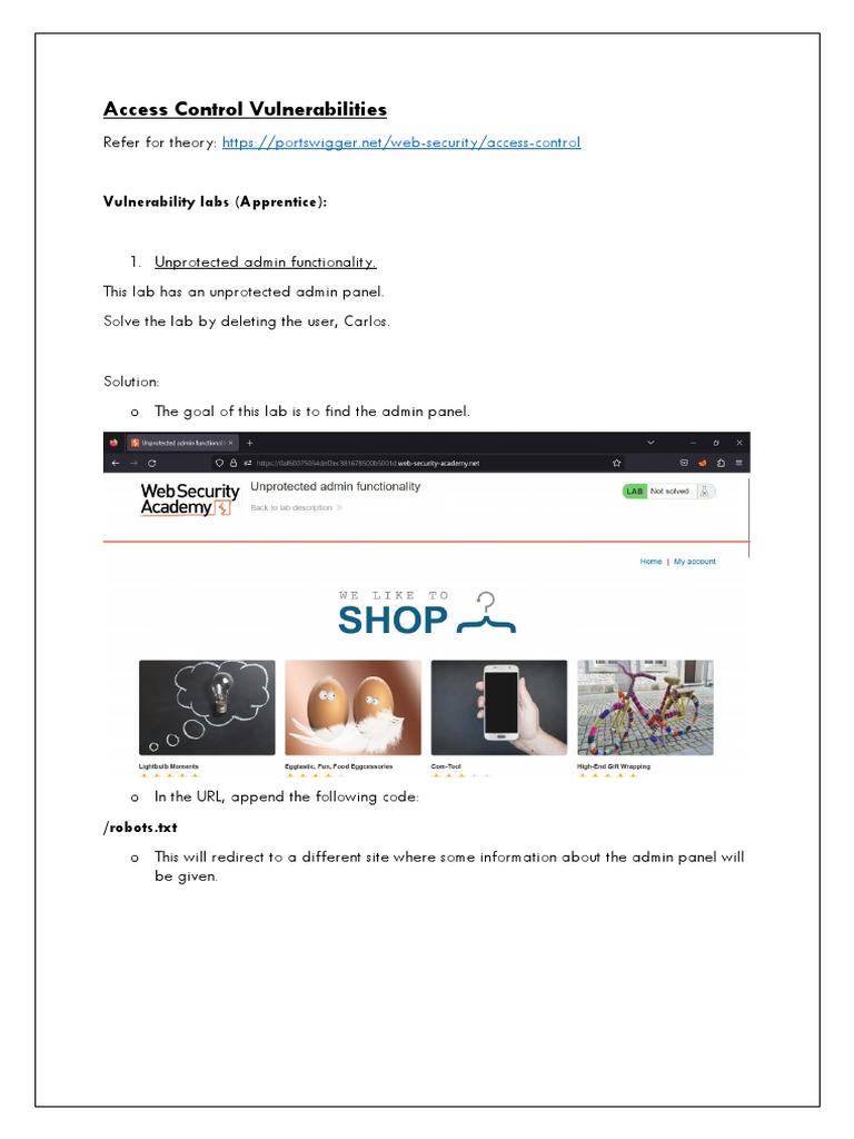 Access Control Vulnerabilities (Portswigger Apprentice Labs) | PDF | Login | Proxy Server