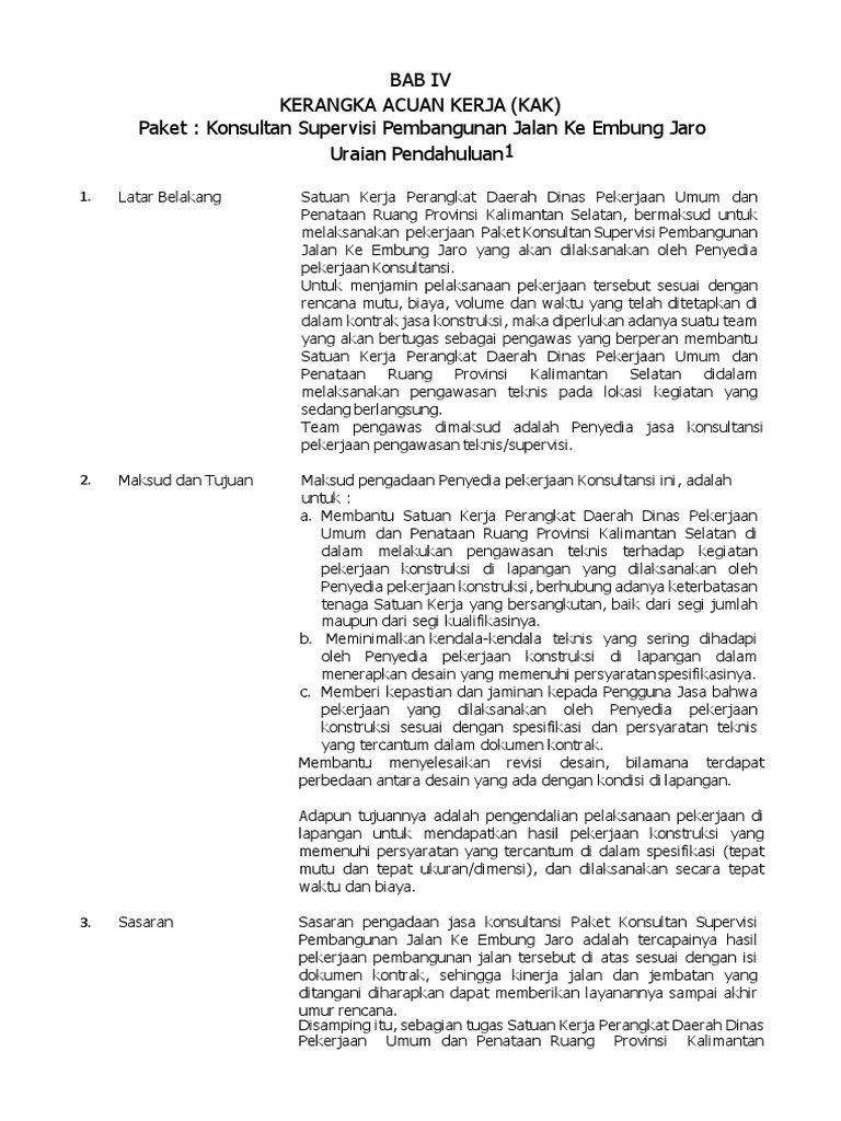 KAK Konsultan Pembangunan Jalan Ke Embung Jaro | PDF