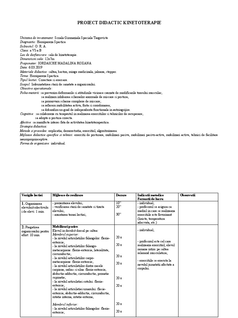 Proiect Didactic Kinetoterapie Hemipareza Spastica | PDF
