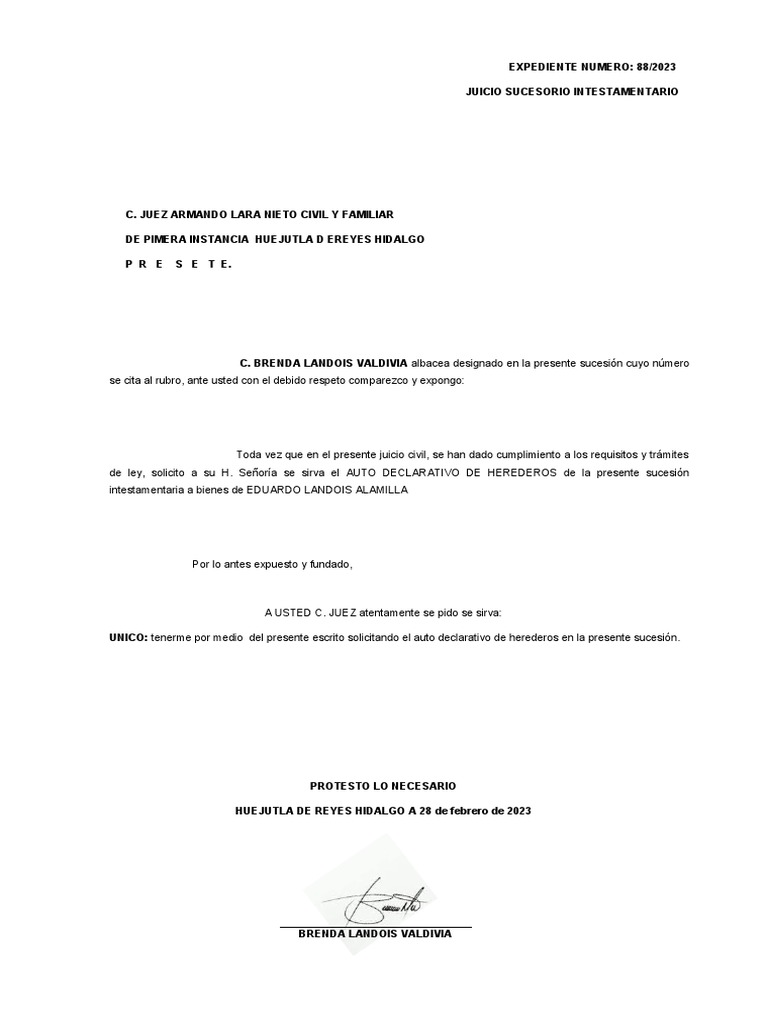 Solicitud Del Auto Declarativo de Herederos | PDF