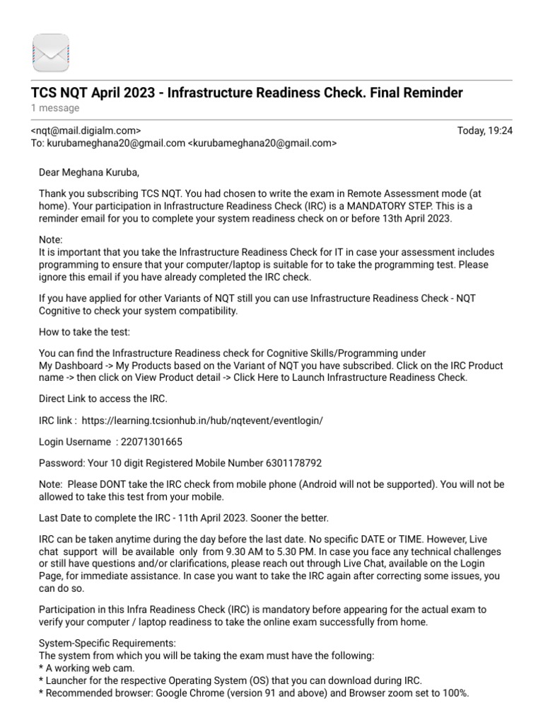 Unified Email - TCS NQT April 2023 - Infrastructure Readiness Check. Final Reminder.pdf | PDF ...